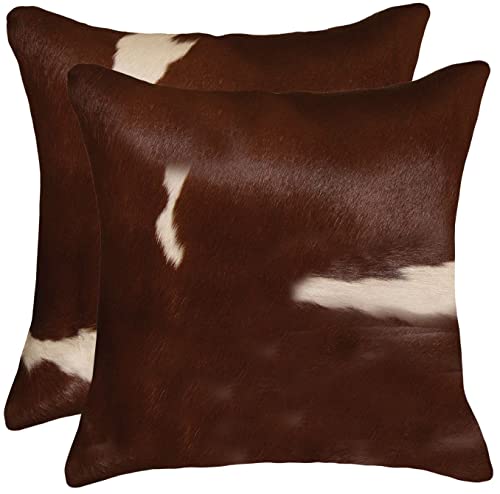 Set of 2, Natural Torino Cowhide Throw Pillows with Poly Insert | Kobe Accent Pillows Handcrafted from 100% Cow Hide, Brown & White, 18 in x 18 in