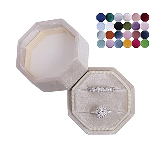 BLUTETE Velvet 2 Slots Jewelry Ring Box Engagement Wedding Box Keepsake Box Bridal Photo Ring Double Slots Octagon (Champagne)