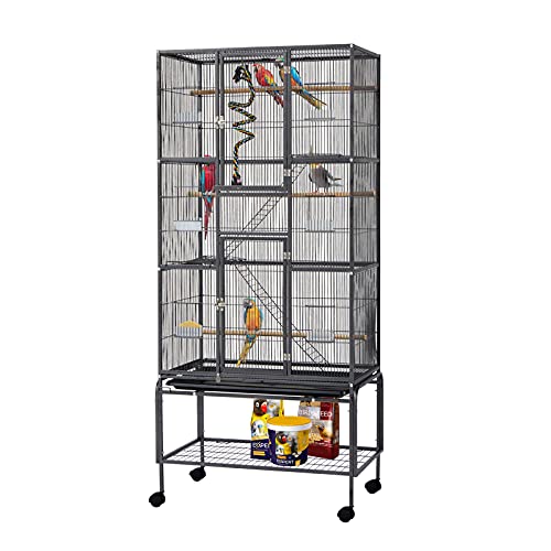 Kinpaw Large Flight Bird Cage - 70” Wrought Iron Bird House with Climbing Rope Bungee Birds Toy Rolling Stand Castors Feeding Bowl for Parrot Cockatiel Finch Pet Supplies Black…