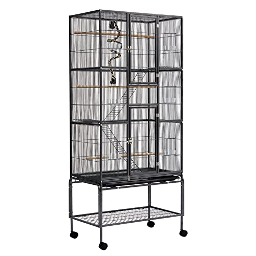 Kinpaw Large Flight Bird Cage - 70” Wrought Iron Bird House with Climbing Rope Bungee Birds Toy Rolling Stand Castors Feeding Bowl for Parrot Cockatiel Finch Pet Supplies Black…