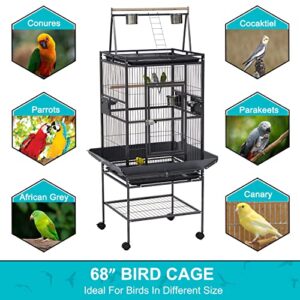 Kinpaw 68" Bird Cage Large - Wrought Iron Open Play Top Perch with Rolling Stand Castor Wheels Feeding Bowl for Parrot Cockatiel Finch Pet Supplies Black…