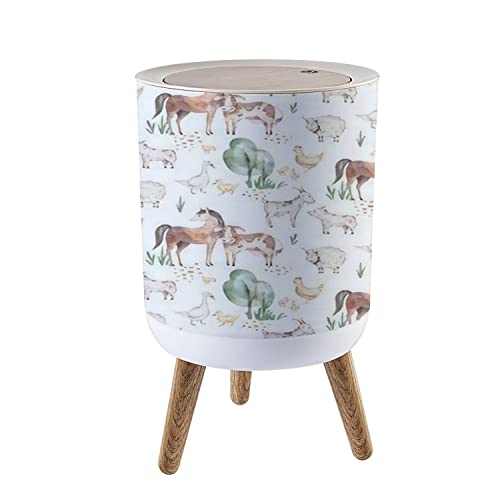 Round Trash Can with Press Lid Watercolor Seamless with Cute Farm Animals with Goat Horse Goose and Small Garbage Can Trash Bin Dog-Proof Trash Can Wooden Legs Waste Bin Wastebasket 7L/1.8 Gallon