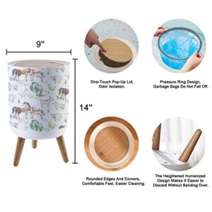 Round Trash Can with Press Lid Watercolor Seamless with Cute Farm Animals with Goat Horse Goose and Small Garbage Can Trash Bin Dog-Proof Trash Can Wooden Legs Waste Bin Wastebasket 7L/1.8 Gallon