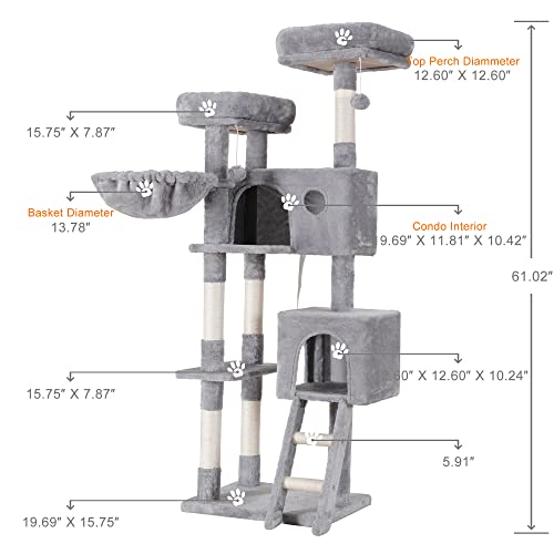 Heybly Cat Tree, Cat Tower for Indoor Cats,Multi-Level Cat Furniture Condo for Large Cats with 2 Padded Plush Perch, Cozy Basket and Scratching Posts HCT023W