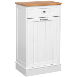 EROMMY Tilt Out Trash Cabinet, Wooden Kitchen Trash Can Free Standing Waste Bin, Recycling Hideaway Garbage Can Holder with Drawer and Removable Bamboo Cutting Board, White