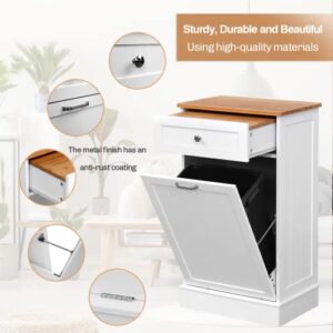 EROMMY Tilt Out Trash Cabinet, Wooden Kitchen Trash Can Free Standing Waste Bin, Recycling Hideaway Garbage Can Holder with Drawer and Removable Bamboo Cutting Board, White