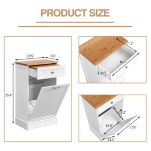 EROMMY Tilt Out Trash Cabinet, Wooden Kitchen Trash Can Free Standing Waste Bin, Recycling Hideaway Garbage Can Holder with Drawer and Removable Bamboo Cutting Board, White