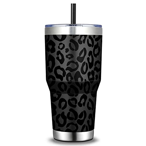 ALOUFEA 30oz Stainless Steel Tumbler, Insulated Coffee Tumbler Cup with Lid and Straw, Double Walled Travel Coffee Mug for Hot & Cold Drinks (Black Leopard, 1 Pack)