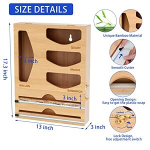 AITEE 2 in 1 Ziplock Bag Storage and Foil Organizer, Plastic Wrap Dispenser with Cutter for Kitchen Drawer, Bamboo Wood Ziplock Food Bag Storage Organizer for Gallon, Slider Quart, Sandwich and Snack