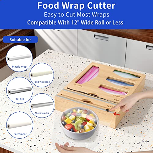 AITEE 2 in 1 Ziplock Bag Storage and Foil Organizer, Plastic Wrap Dispenser with Cutter for Kitchen Drawer, Bamboo Wood Ziplock Food Bag Storage Organizer for Gallon, Slider Quart, Sandwich and Snack