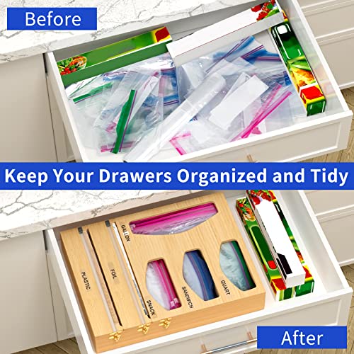 AITEE 2 in 1 Ziplock Bag Storage and Foil Organizer, Plastic Wrap Dispenser with Cutter for Kitchen Drawer, Bamboo Wood Ziplock Food Bag Storage Organizer for Gallon, Slider Quart, Sandwich and Snack