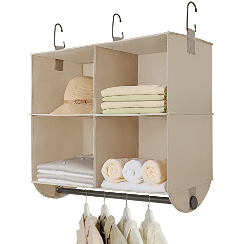 TOPIA HOME 4-Section Hanging Closet Shelves with Rod, Upgraded Thickened Fabric Hanging , Collapsible Closet Organizers and Storage Organization, 24" W x 12" D x 29" H, Beige