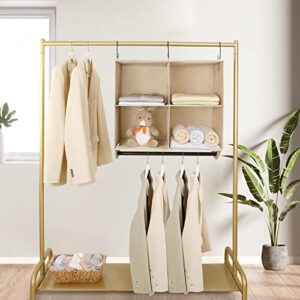 TOPIA HOME 4-Section Hanging Closet Shelves with Rod, Upgraded Thickened Fabric Hanging , Collapsible Closet Organizers and Storage Organization, 24" W x 12" D x 29" H, Beige