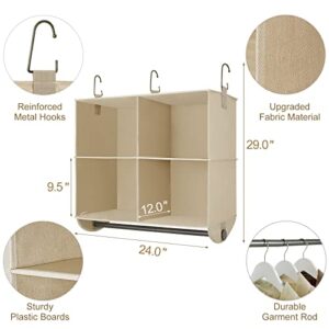 TOPIA HOME 4-Section Hanging Closet Shelves with Rod, Upgraded Thickened Fabric Hanging , Collapsible Closet Organizers and Storage Organization, 24" W x 12" D x 29" H, Beige