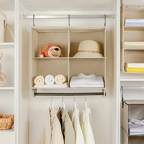 TOPIA HOME 4-Section Hanging Closet Shelves with Rod, Upgraded Thickened Fabric Hanging , Collapsible Closet Organizers and Storage Organization, 24" W x 12" D x 29" H, Beige