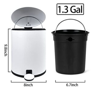 SIDIANBAN Round Trash Can with Lid, 1.3 Gallon Step Trash Bin, Small Garbage Container Bin with Removable Inner Wastebasket for Bathroom Bedroom, Powder Room, Office, Anti-Fingerprint Finish(White)