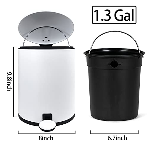 SIDIANBAN Round Trash Can with Lid, 1.3 Gallon Step Trash Bin, Small Garbage Container Bin with Removable Inner Wastebasket for Bathroom Bedroom, Powder Room, Office, Anti-Fingerprint Finish(White)