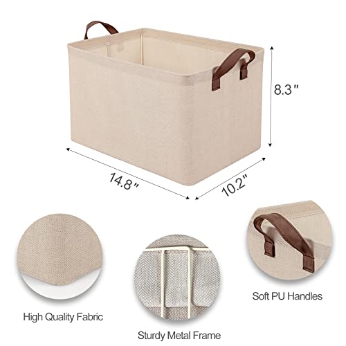 TOPIA HOME Storage Baskets for Shelves with Metal Frame, 14.8x10.2x8.3, 2-Pack Closet Organizers and Storage Bins for Organization, Collapsible Rectangle Fabric Organizing Boxes with handles, Beige