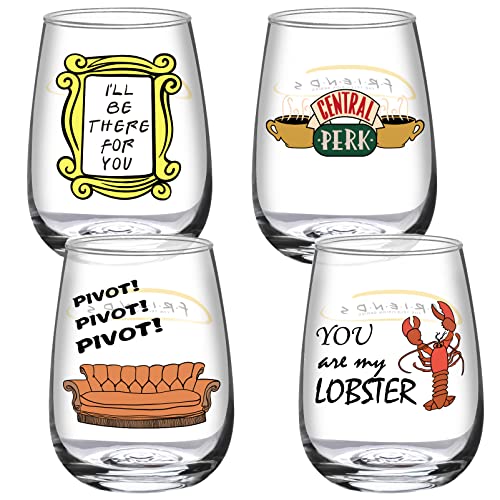 PSZEZNZ Friends tv Show Merchandise-Friends TV Show Wine Gifts for Women-Set of 4 Funny Wine Glasses 17oz-Stemless Glasses Housewarming Gift