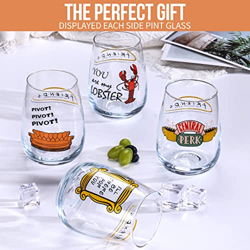 PSZEZNZ Friends tv Show Merchandise-Friends TV Show Wine Gifts for Women-Set of 4 Funny Wine Glasses 17oz-Stemless Glasses Housewarming Gift