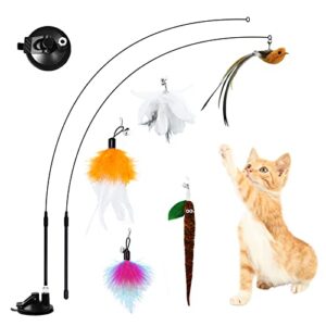 jetczo cat feather toys, interactive cat wand toys with super suction cup detachable 5 pcs feather replacements with bell, 2 teaser wand cat spring feather toys for indoor cats kitten exercise (set 3)