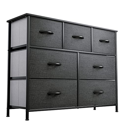 YITAHOME 7-Drawer Fabric Dresser, Furniture Storage Tower Cabinet, Organizer for Bedroom, Living Room, Hallway, Closet & Nursery, Sturdy Steel Frame, Wooden Top, Easy-to-Pull Fabric Bins(Black Grey)