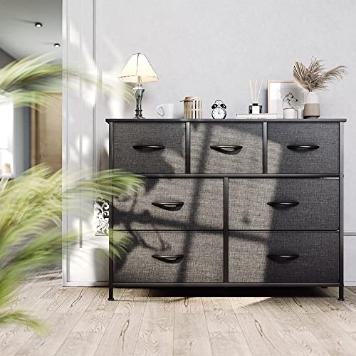 YITAHOME 7-Drawer Fabric Dresser, Furniture Storage Tower Cabinet, Organizer for Bedroom, Living Room, Hallway, Closet & Nursery, Sturdy Steel Frame, Wooden Top, Easy-to-Pull Fabric Bins(Black Grey)