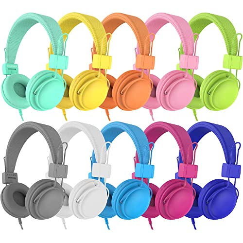 AILIHEN Kids Headphones Bulk 10 Pack for School K-12 Students, Classroom Wired Headphones with Microphone & 85dB Volume Limited & Sharing, 3.5mm Jack for Chromebook, Computer, Laptop (Multicolor)