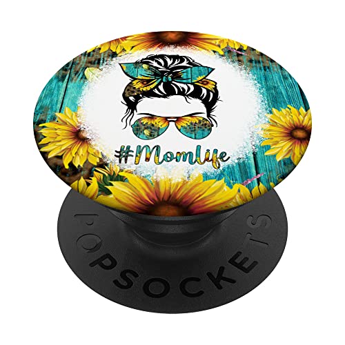 Mom Life Sunflower Messy Bun Bleached Effect Women PopSockets Swappable PopGrip