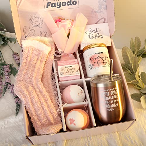 FAYODO Christmas day Gifts For Women - 11 Pcs Relaxing Spa Gift Boxes For Her, Happy Birthday Friendship Gift Sets for Women Friends Sister Mom Wife Girlfriend With Wine Tumbler Candle