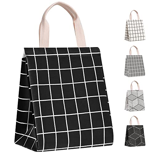 HOMESPON Reusable Lunch Bag Insulated Lunch Box Canvas Fabric with Aluminum Foil, Lunch Tote Handbag for Women,Men,Office (Black Plaid)