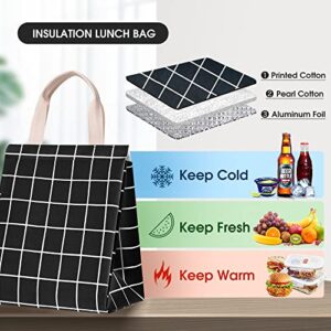 HOMESPON Reusable Lunch Bag Insulated Lunch Box Canvas Fabric with Aluminum Foil, Lunch Tote Handbag for Women,Men,Office (Black Plaid)