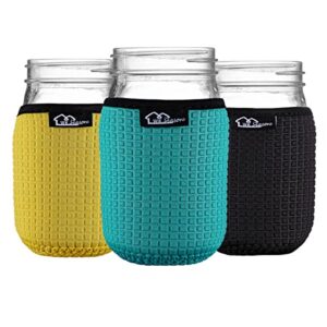 wkieason regular mouth neoprene 16oz mason jar sleeves cover (black/blue/yellow)