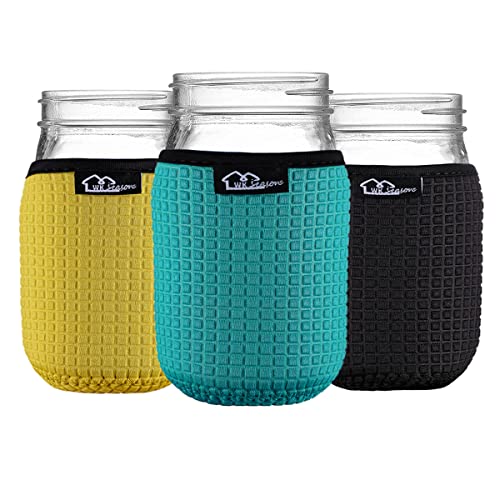 WKieason Regular Mouth Neoprene 16OZ Mason Jar Sleeves Cover (Black/Blue/Yellow)