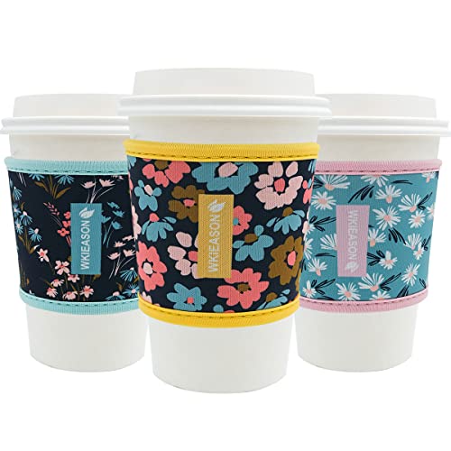 WK IEASON Reusable Hot Coffee Cup Insulator Sleeves Neoprene Hot Coffee and Tea Cup Holder Sleeves Cover Reusable 16-24OZ for Starbucks Coffee, McDonalds, Dunkin Donuts, More (Floral patterns)