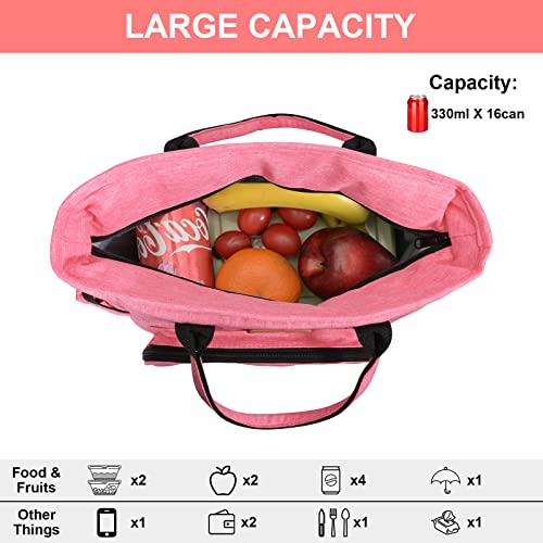 CGBE Lunch Bag for Women/Men, Leakproof Insulated Lunch Bag For Adults, Big Lunch Tote Bag With Removable Shoulder Strap and Bottom Plate, Reusable Large Lunch Box For Work Picnic School Beach (Pink)