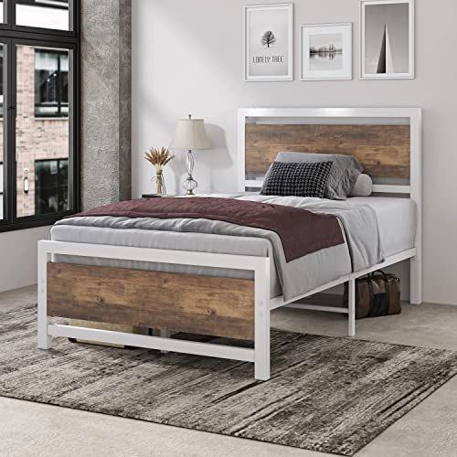 HOMBCK White Twin Bed Frame with Headboard, White Metal Bed Frame Twin with Heavy Duty Slats, Twin Bed Frame No Box Spring Needed, Easy Assembly, White