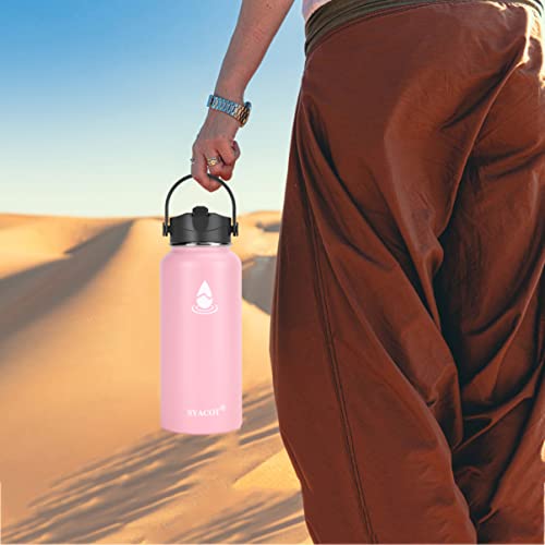 SYACOT 32 oz 40 oz 64 oz Stainless Steel Water Bottle, Insulated Double Wall Vacuum Leak Proof Water Flask, Metal Thermo Canteen Mug —Wide Mouth with 2 Straw Lids (40 oz, Pink)