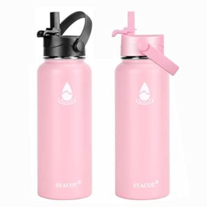 SYACOT 32 oz 40 oz 64 oz Stainless Steel Water Bottle, Insulated Double Wall Vacuum Leak Proof Water Flask, Metal Thermo Canteen Mug —Wide Mouth with 2 Straw Lids (40 oz, Pink)