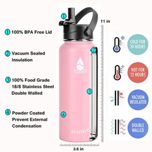 SYACOT 32 oz 40 oz 64 oz Stainless Steel Water Bottle, Insulated Double Wall Vacuum Leak Proof Water Flask, Metal Thermo Canteen Mug —Wide Mouth with 2 Straw Lids (40 oz, Pink)