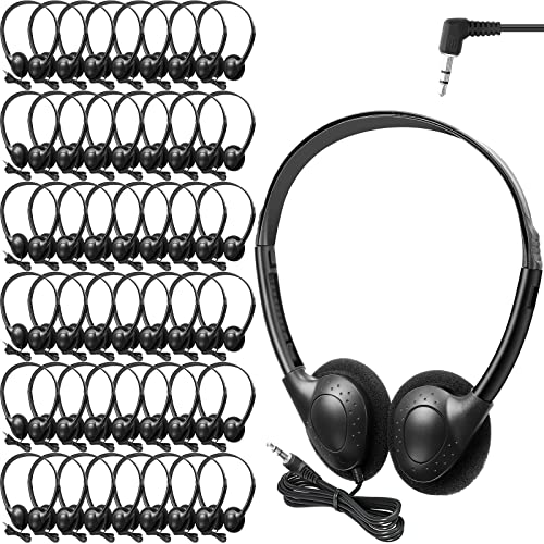 Frienda 48 Pack Classroom Headphones on Ear Wired Stereo Headset with 3.5mm Jack, Over The Head Student Earphone Set for Kids Adults School Library Airplane Computer Laptop, No Microphone (Black)