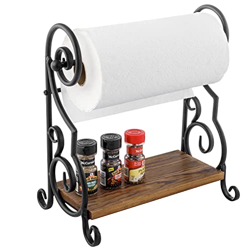 MyGift Black Metal Countertop Paper Towel Holder with Rustic Solid Burnt Wood Storage Shelf and Scrollwork Design, Easy Refill Single Roll Holder