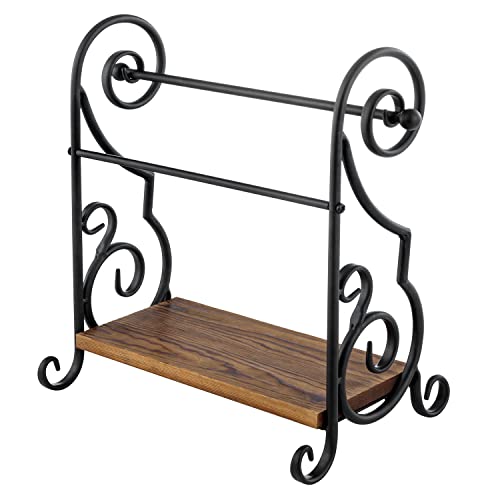 MyGift Black Metal Countertop Paper Towel Holder with Rustic Solid Burnt Wood Storage Shelf and Scrollwork Design, Easy Refill Single Roll Holder