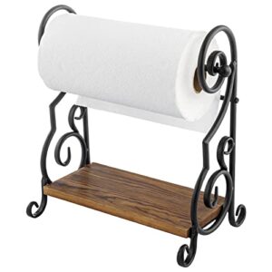 MyGift Black Metal Countertop Paper Towel Holder with Rustic Solid Burnt Wood Storage Shelf and Scrollwork Design, Easy Refill Single Roll Holder