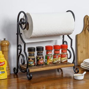 MyGift Black Metal Countertop Paper Towel Holder with Rustic Solid Burnt Wood Storage Shelf and Scrollwork Design, Easy Refill Single Roll Holder