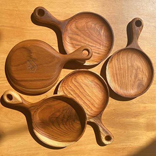 KOUPREY Vintage Natural Teak Boki Wooden Spoon Plate with Handle Korean Style Eating Party Appetizer Dinnerware Utensils Brown Eco Friendly Safe Serving Dish Tableware, 5.5 x 8.66 in.