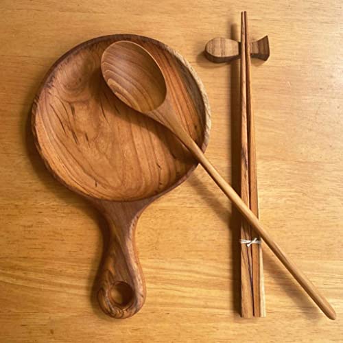 KOUPREY Vintage Natural Teak Boki Wooden Spoon Plate with Handle Korean Style Eating Party Appetizer Dinnerware Utensils Brown Eco Friendly Safe Serving Dish Tableware, 5.5 x 8.66 in.