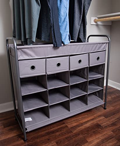 BirdRock Home 16 Cubby Shoe Rack Organizer with 4 Drawers - Grey - Free Standing Cabinet for Closet - Sturdy Metal Frame - Space Saver - Bedroom Organization