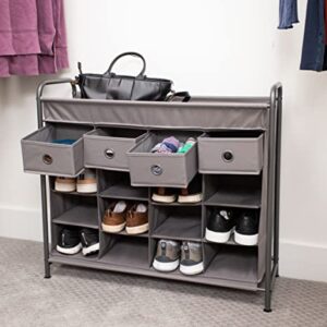 BirdRock Home 16 Cubby Shoe Rack Organizer with 4 Drawers - Grey - Free Standing Cabinet for Closet - Sturdy Metal Frame - Space Saver - Bedroom Organization