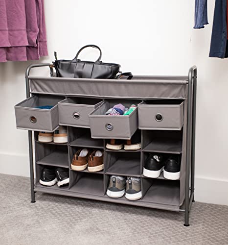 BirdRock Home 16 Cubby Shoe Rack Organizer with 4 Drawers - Grey - Free Standing Cabinet for Closet - Sturdy Metal Frame - Space Saver - Bedroom Organization